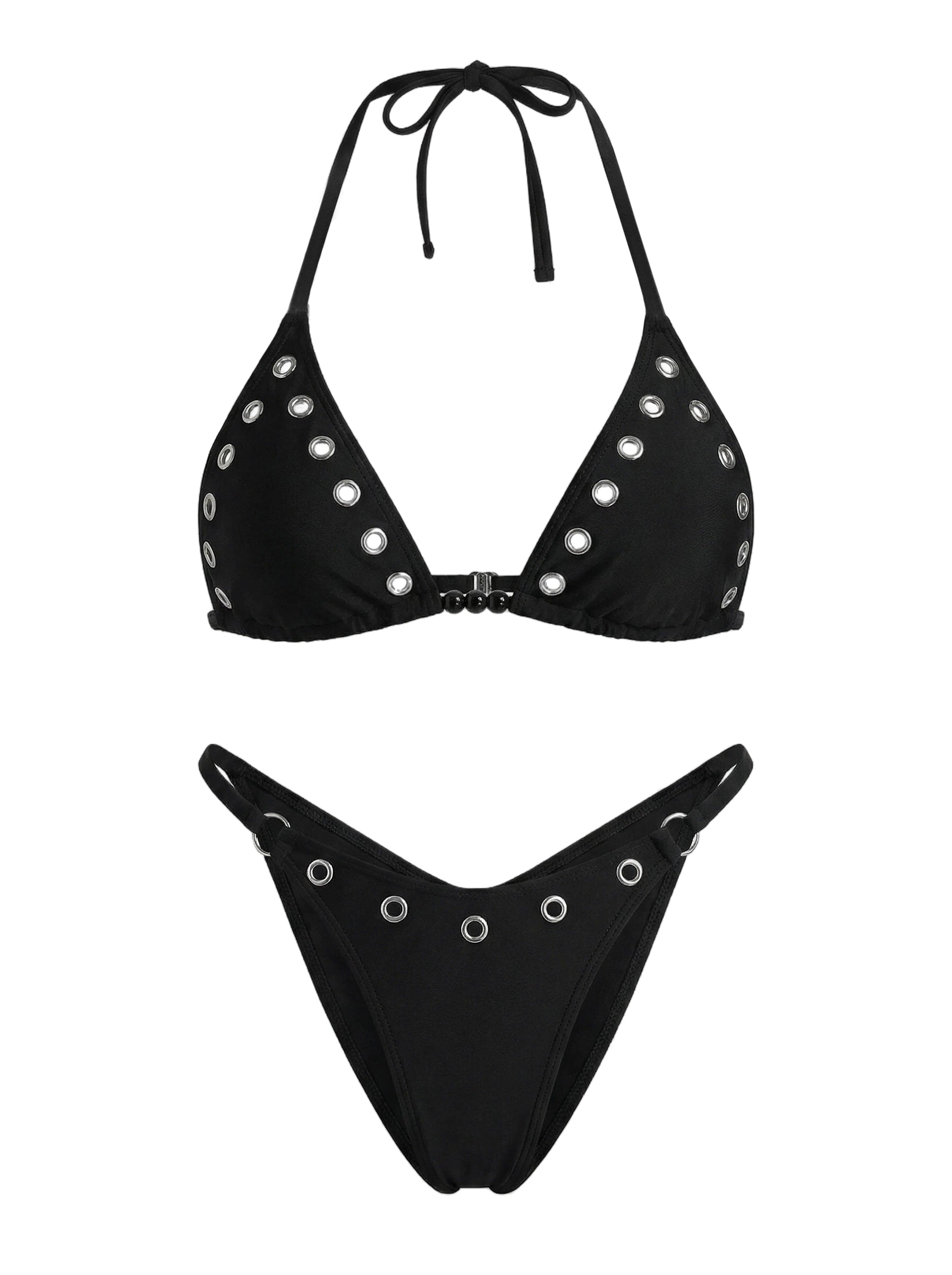 Halter Neck Triangle Bikini Set with Metal Eyelets Sexy Backless Swimw ...