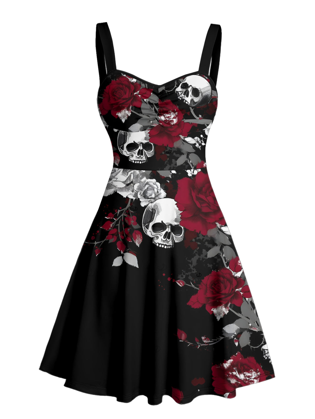 Gothic Rose & Skull Pattern Ruched Bust A Line Mini Dress – Supurs