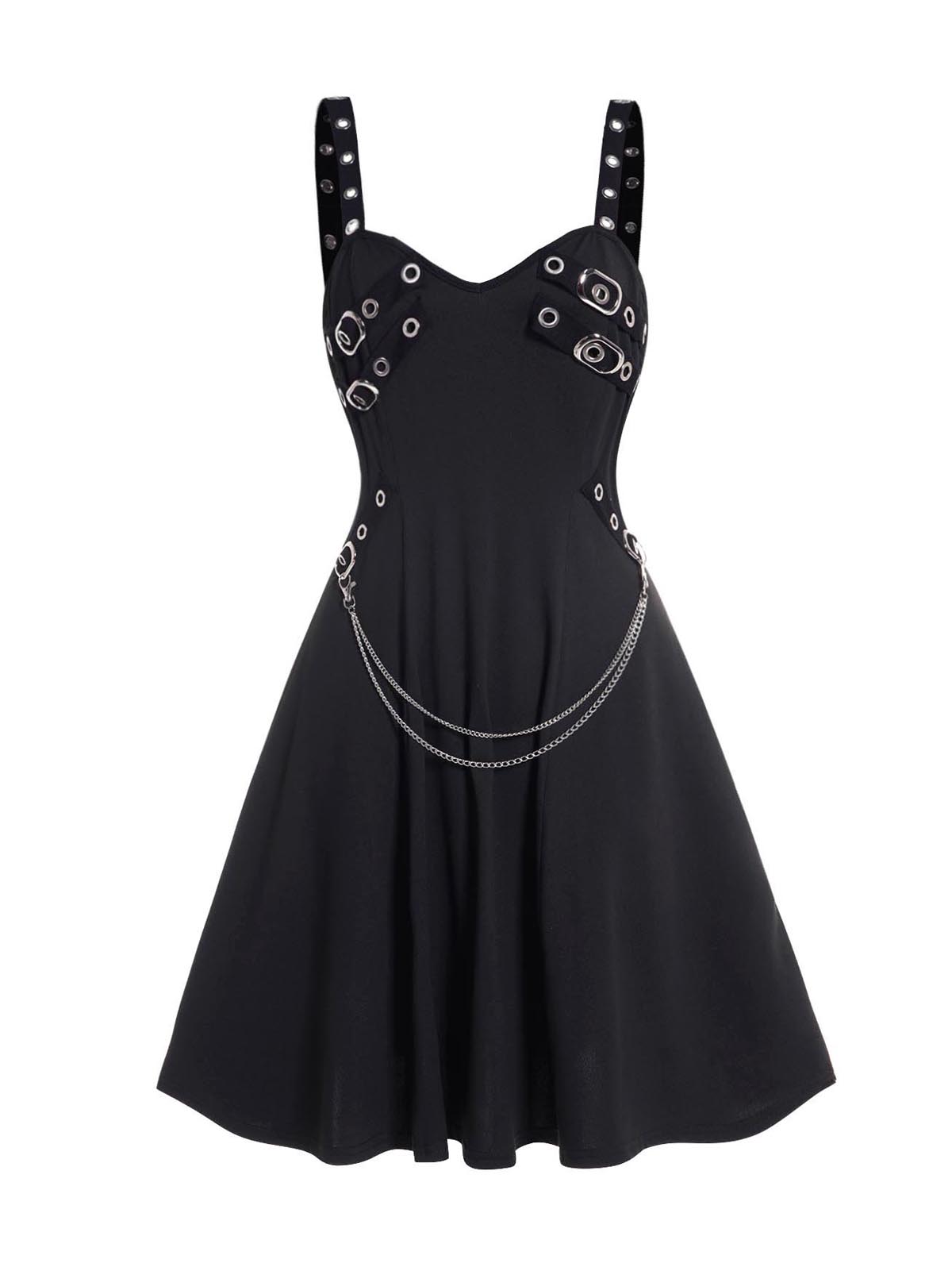 Plain Color Grommet Buckle Chain Embellishment High Waisted A Line Mid ...